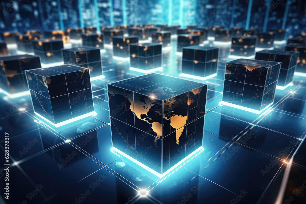 Group Of Cubes With World Map On Them. Blockchain Technology Connecting ...