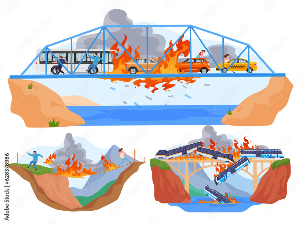 Fire on suspension highway train bridge through river sea and mountain ...