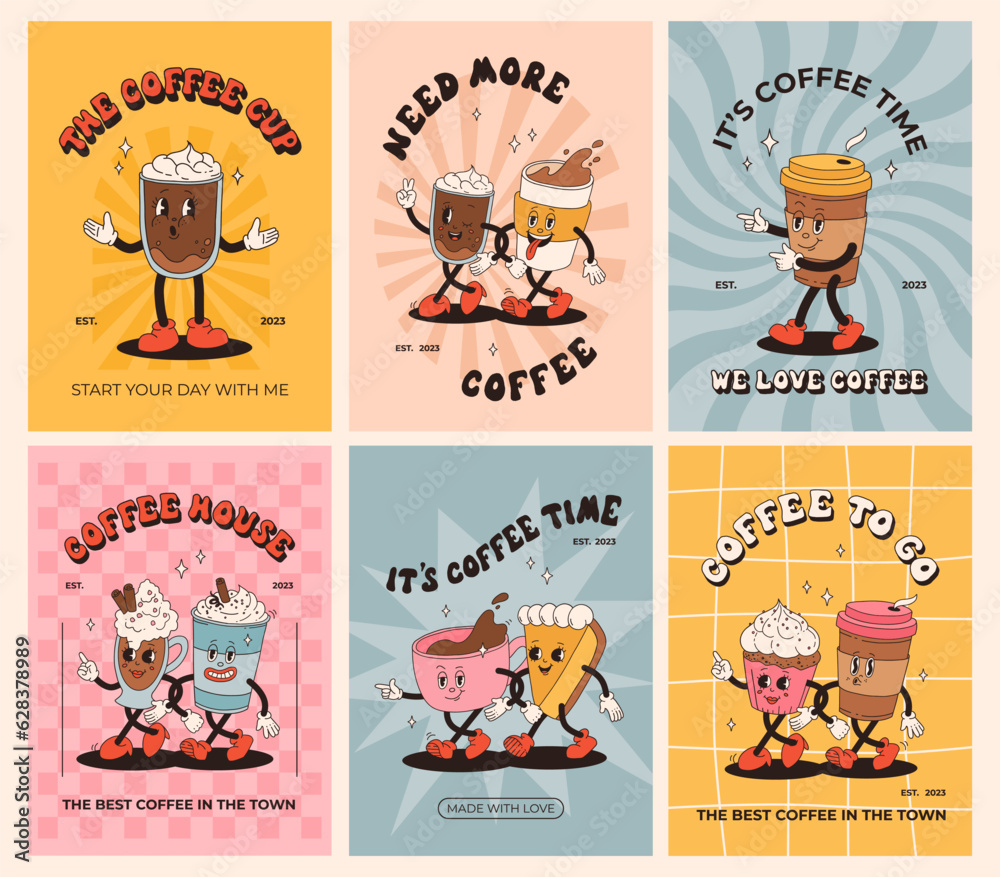 Collection of posters with cute cartoon characters of coffee takeaway ...
