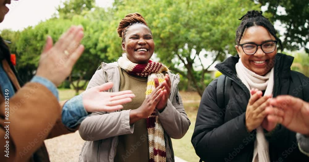 Team building, success and people in celebration, applause and clapping ...