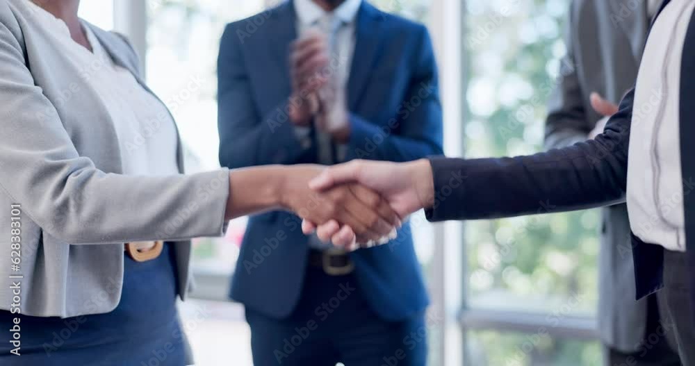 Business people, handshake and meeting for partnership, hiring or ...