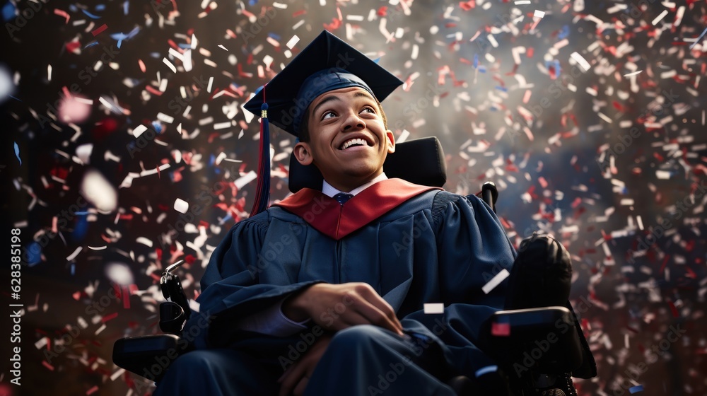 Happy male graduating student on wheelchair celebrating Graduation ...