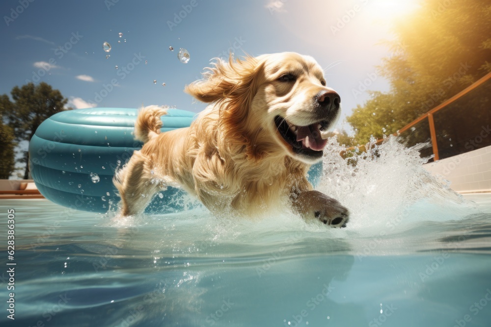 A vibrant Golden Retriever jumps off a pet-designed inflatable ring ...
