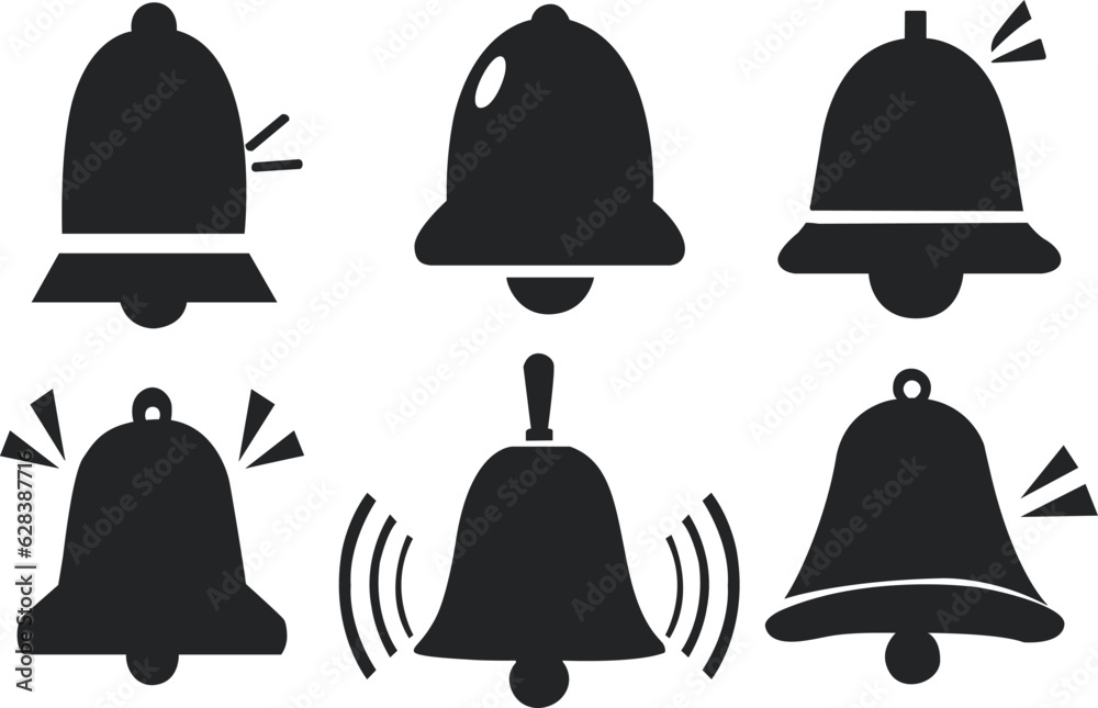Set of black and white ringing bell icons and notification bell alert ...