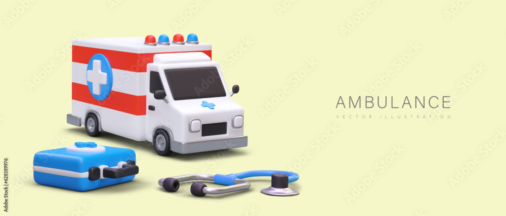 3d realistic ambulance and first aid kit for help people. Ambulance ...