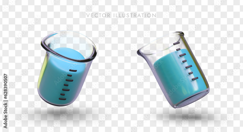 Set of filled realistic beakers. Transparent laboratory glassware with ...