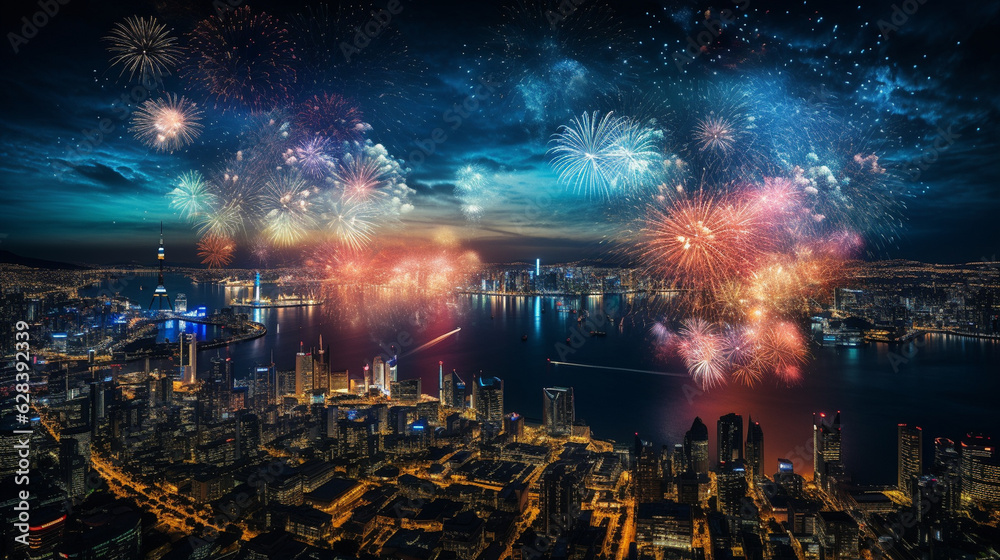 A night sky filled with sparkling fireworks, marking the grand finale ...