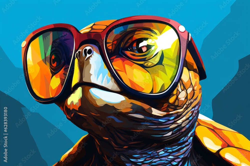 Cartoon colorful turtle with sunglasses on turquoise background Stock ...