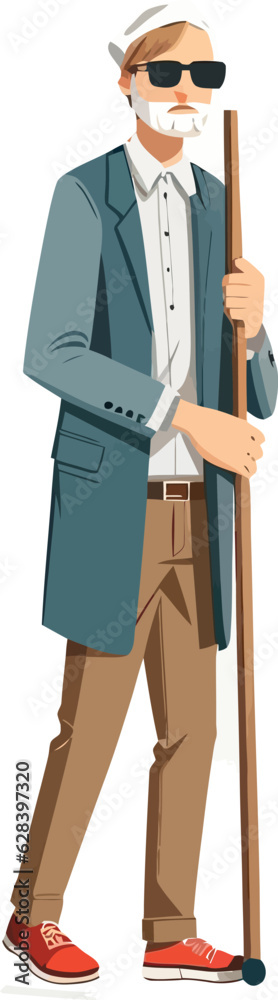 A vector illustration of a cane-wielding old blind man who walks with ...