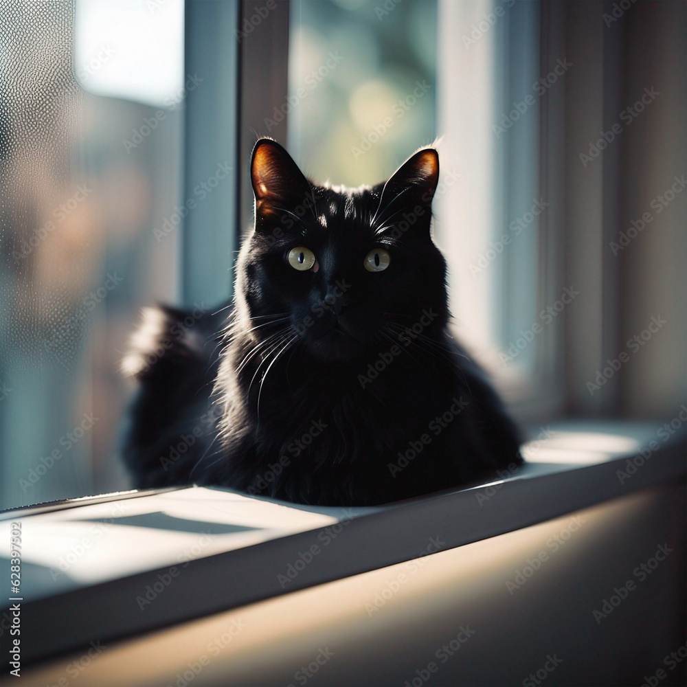 Cute black cat on windowsill MADE OF AI Stock Illustration | Adobe Stock