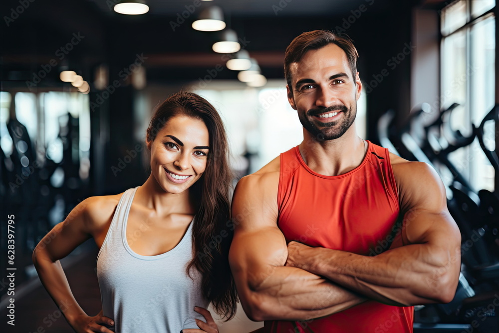couple flexing their muscles, working out in gym, health and wellness ...