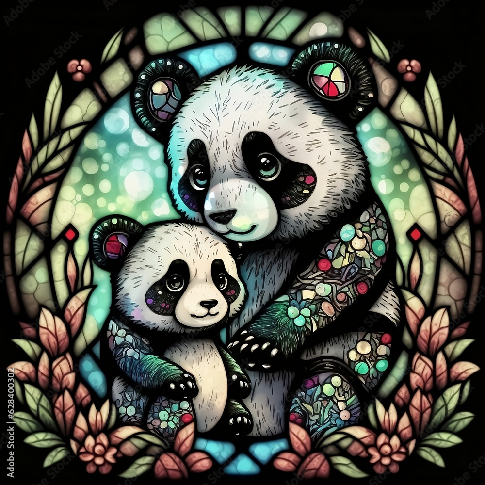 cute panda with a flower stained glass art Stock Illustration | Adobe Stock