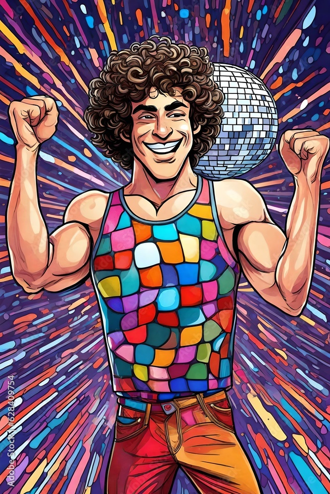 Cartoon illustration of a man from the 1970s disco era with a colorful ...