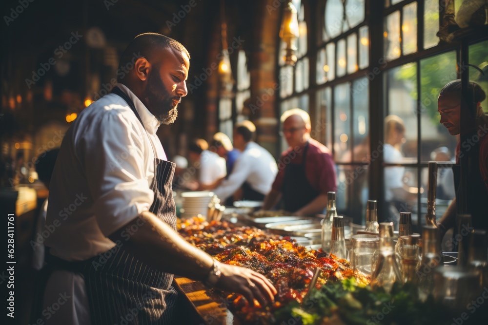 restaurant's ambiance with a bustling background. Diners savoring ...