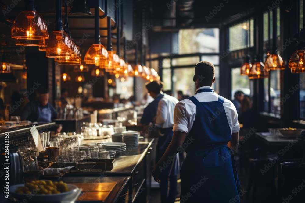 restaurant's ambiance with a bustling background. Diners savoring ...
