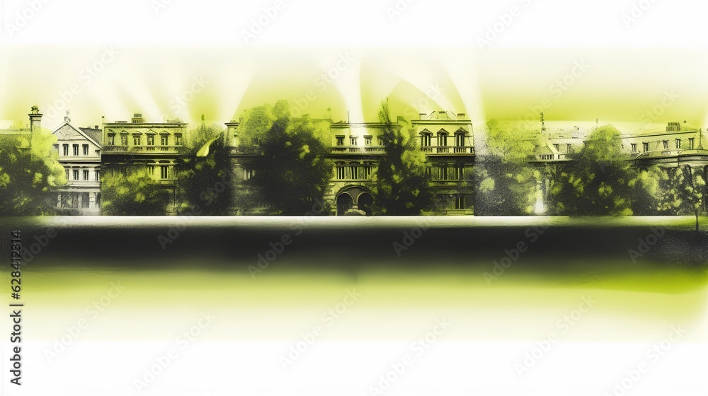 Green trees co-existing with residential buildings, illustrating an ...