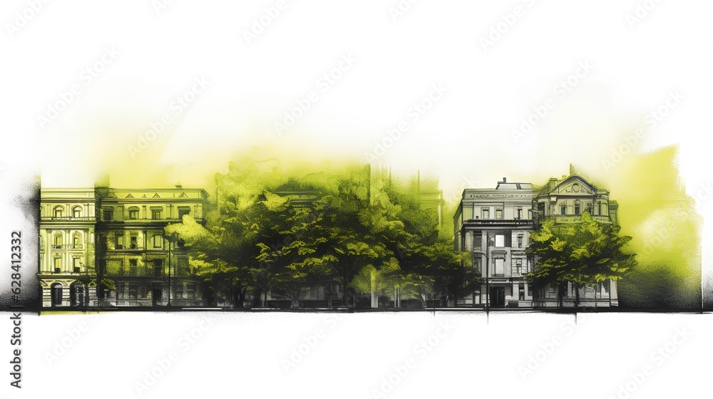 Green trees co-existing with residential buildings, illustrating an ...