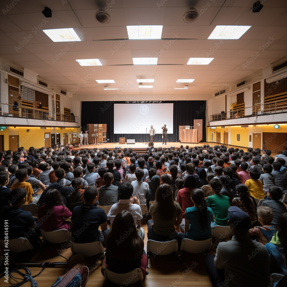 Community and shared experiences - a panoramic view of a school assembly hall during an event ...