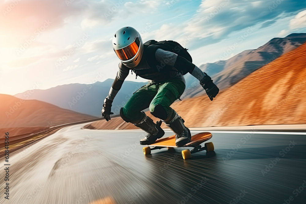 A young man in a helmet and a suit in a special rack rides a longboard ...