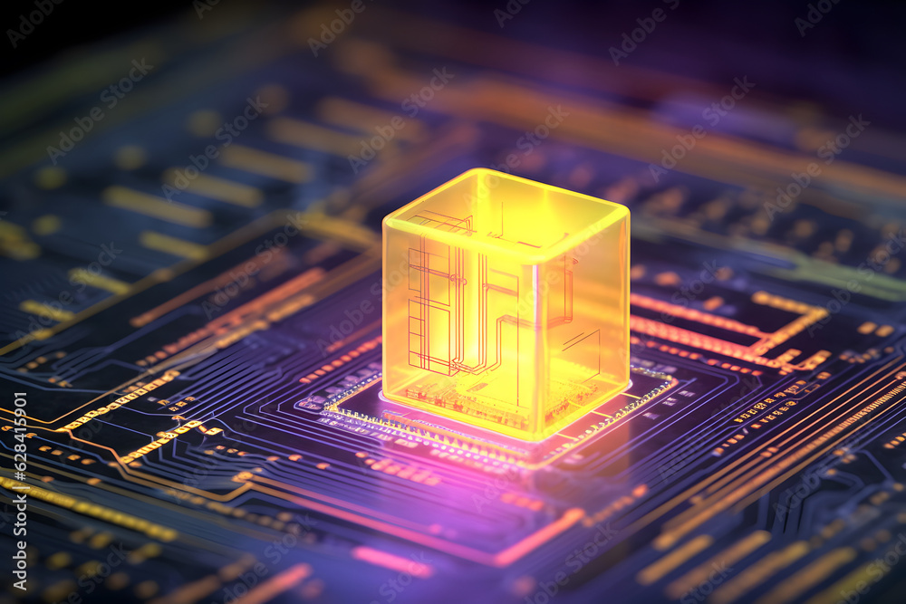 Data Storage Cube Between Neon Pathways Quantum Computing Database Cloud Computing Concept