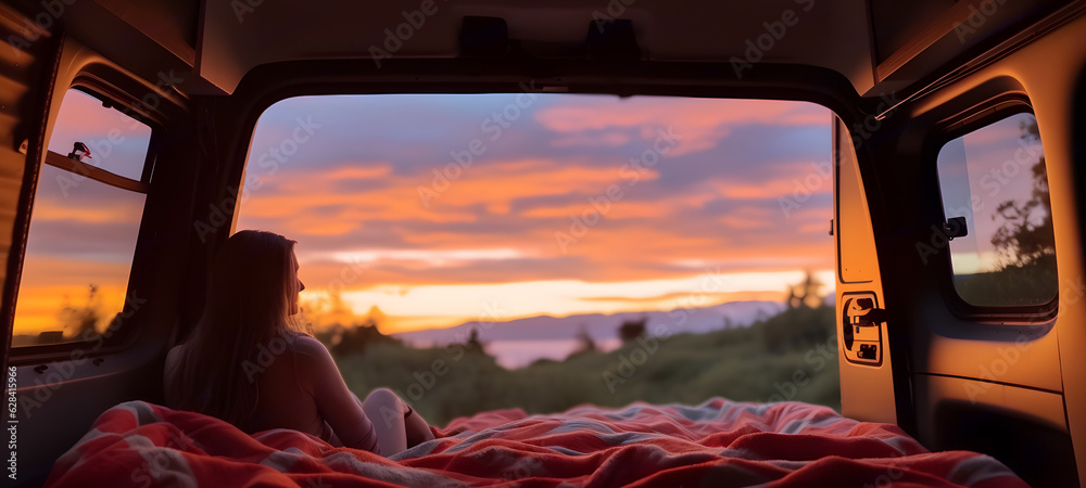 Beautiful sunset scene and girl inside the camper van Stock Photo ...