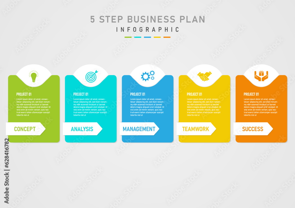 infographic 5 steps success business plan multiple color squares center ...