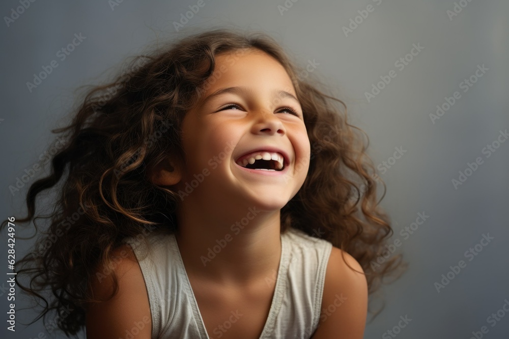 Young fictional little girl laughing candidly isolated on a plain ...