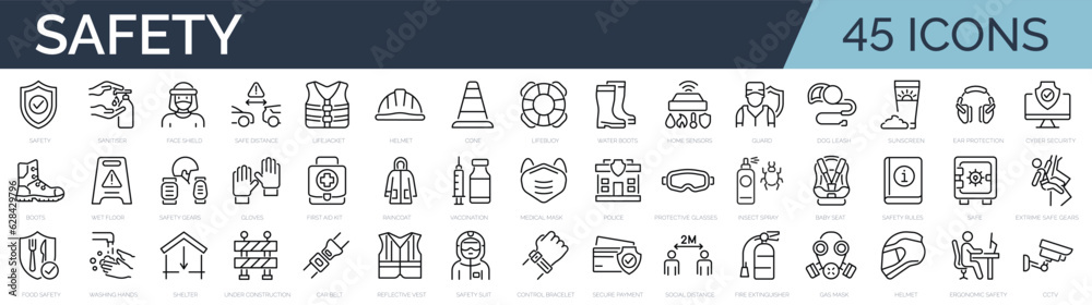Set of 45 outline icons related to safety. Linear icon collection ...