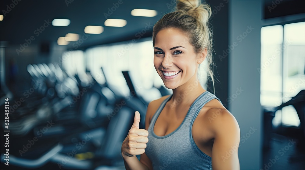 Portrait of woman in the gym giving thumbs up to fitness Stock Photo ...