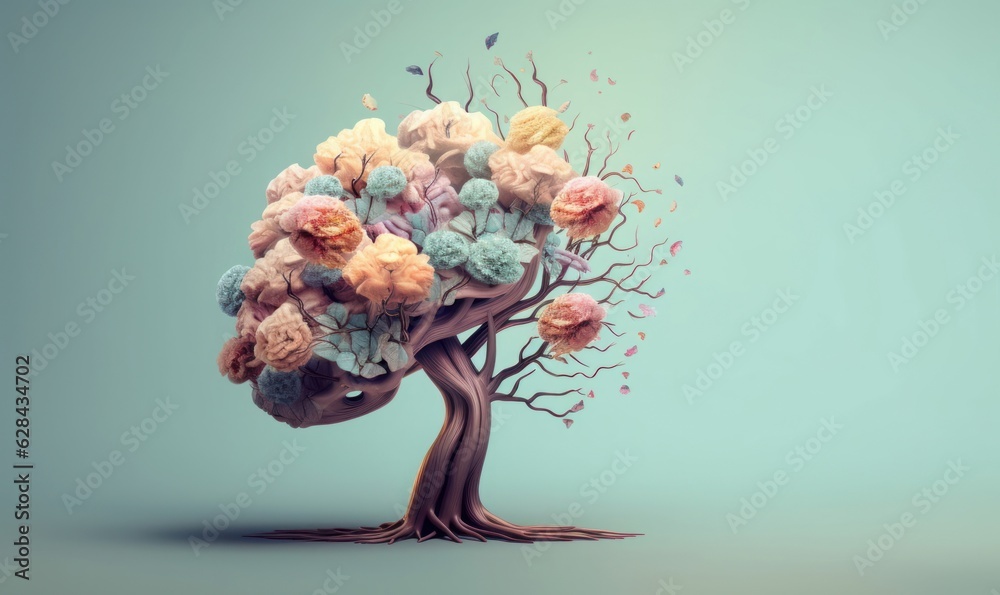 Human brain tree with flowers, self care and mental health concept ...