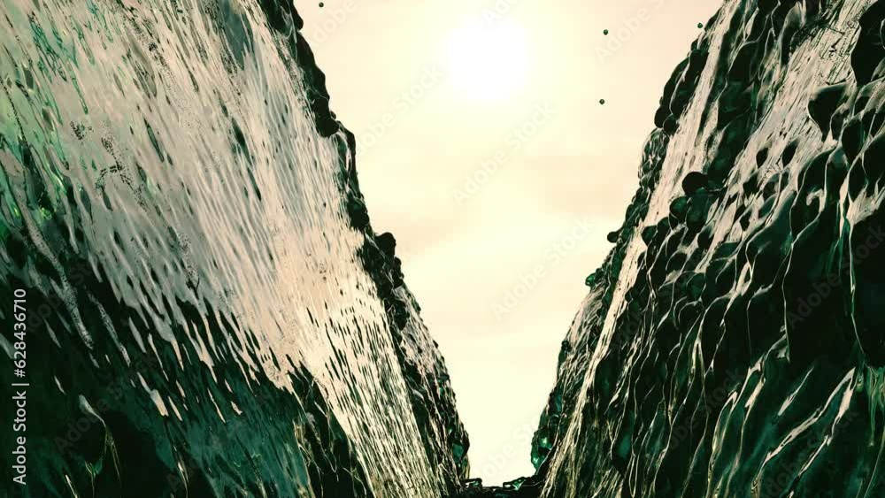 the sea split in two. wave of water split open with the sun in the sky ...