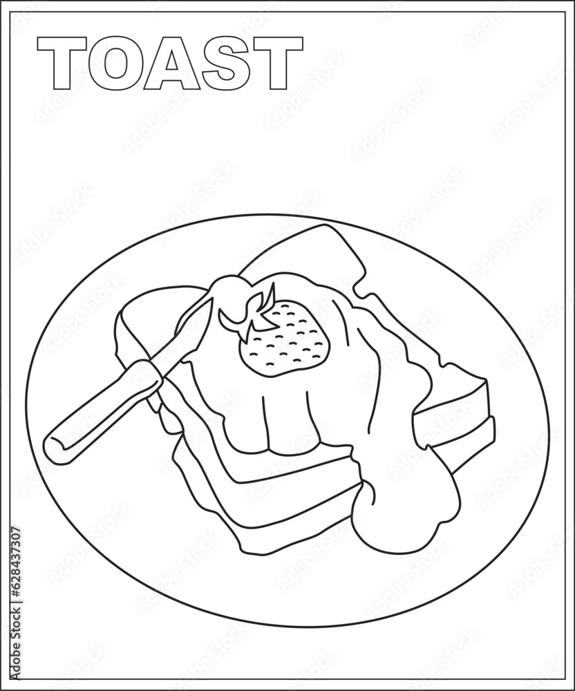 Toast coloring book page, food coloring book for children Stock Vector ...
