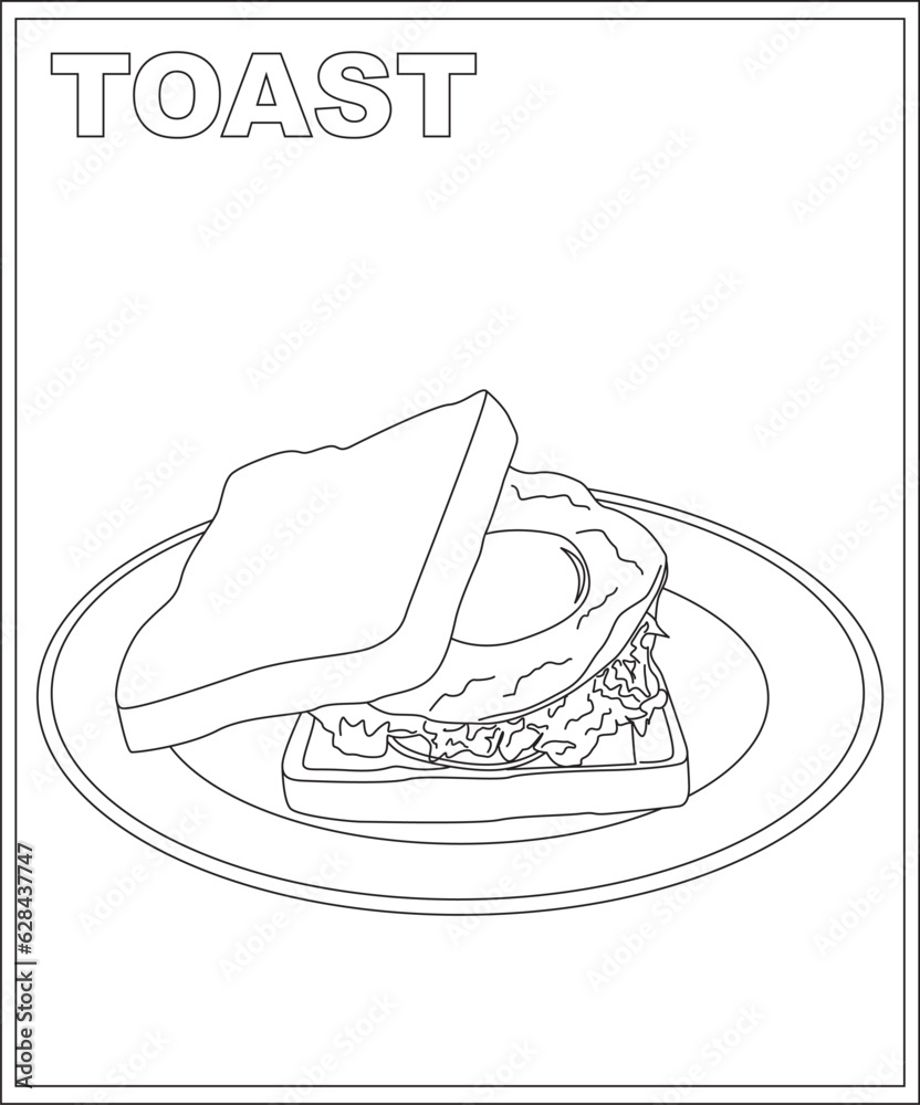 Toast coloring book page, food coloring book for children Stock Vector ...