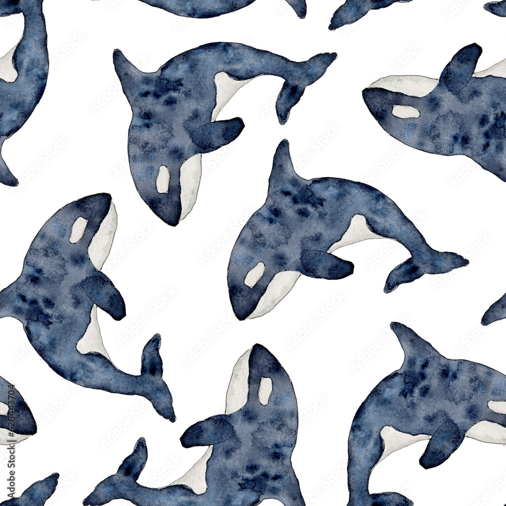 Seamless pattern with Killer whale or Orcinus orca. Wild inhabitants of ...