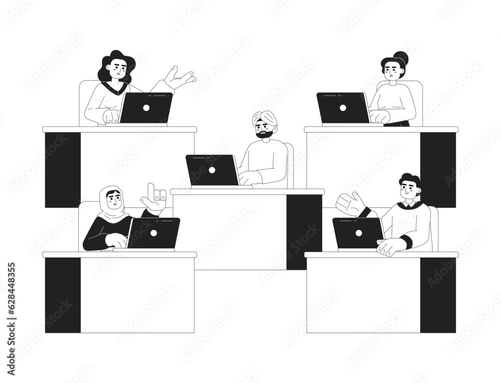 Multiracial people at office 2D vector monochrome isolated spot ...