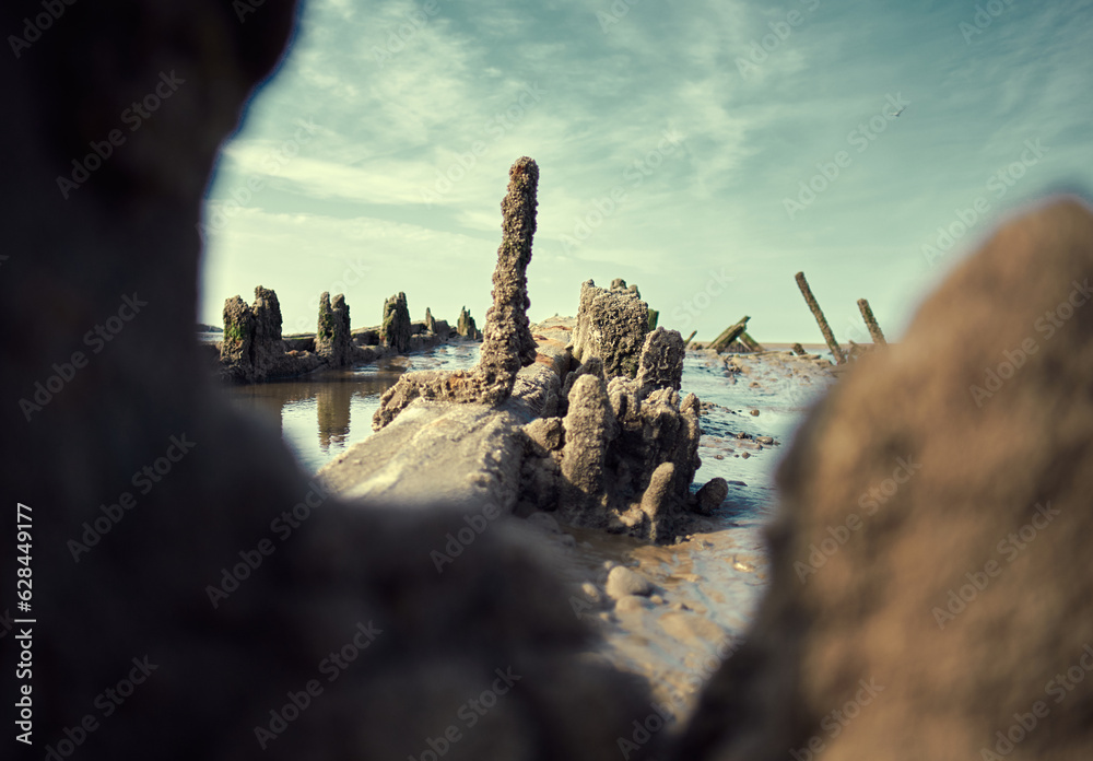 An old historic wooden shipwreck vessel carcass exposed on a desolate ...