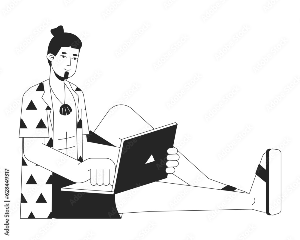 Vetor De Caucasian Man With Laptop Flat Line Black White Vector