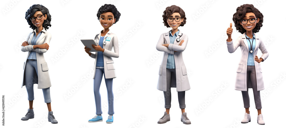 Set of 3D cartoon character smiling doctor young women standing holding ...