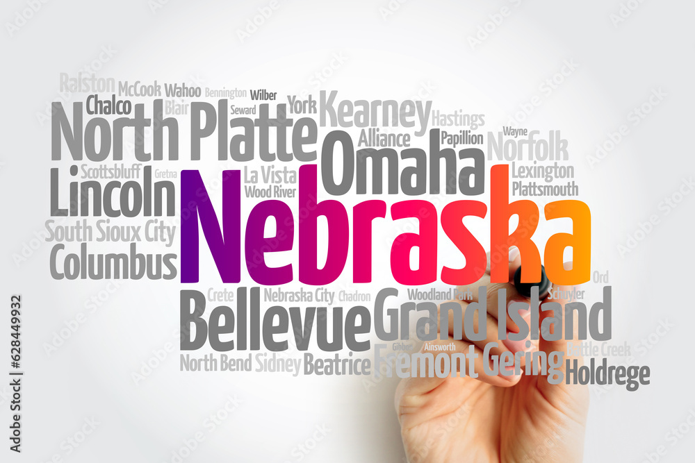 List of cities in Nebraska USA state, map silhouette word cloud map ...