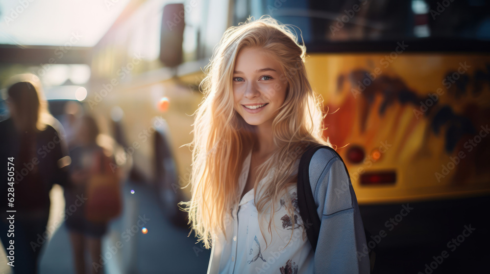 Young girl, soft smile, standing next to a school bus, eagerly ...