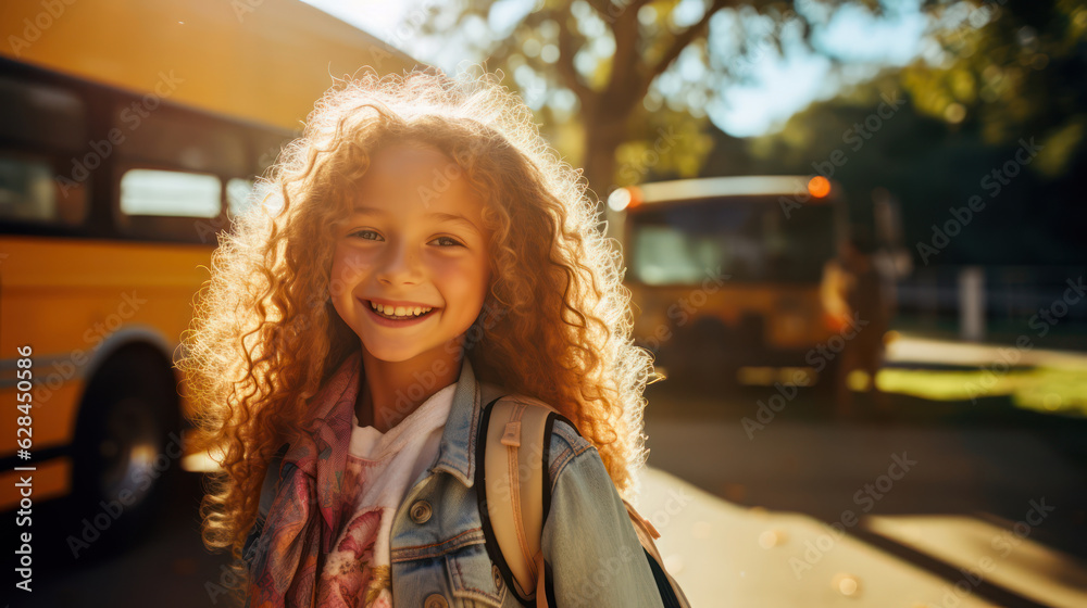Young girl, soft smile, standing next to a school bus, eagerly ...