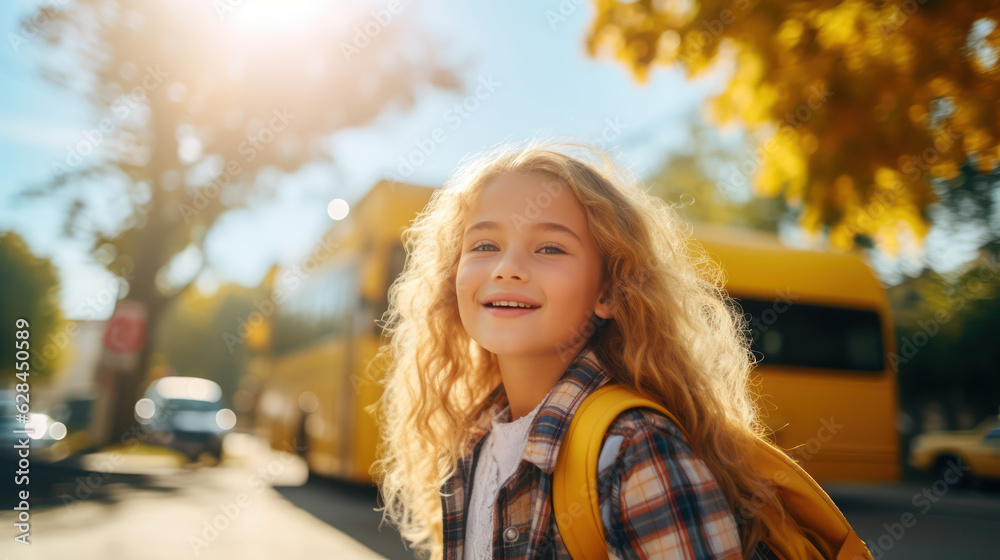 Young girl, soft smile, standing next to a school bus, eagerly ...