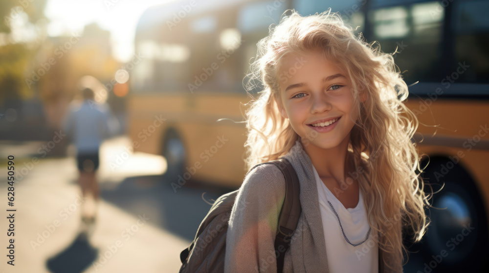 Young girl, soft smile, standing next to a school bus, eagerly ...