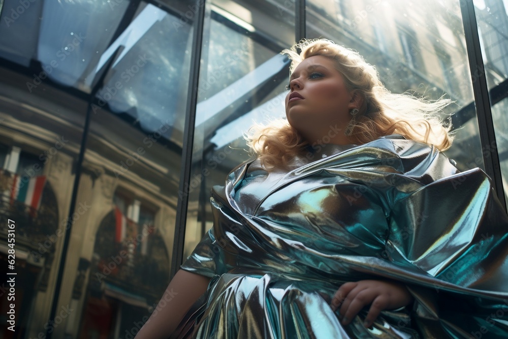 Beautiful fat woman model dressed in blue clothes on an urban ...
