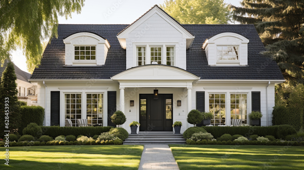 A traditional colonial-style home with symmetrical windows, white ...