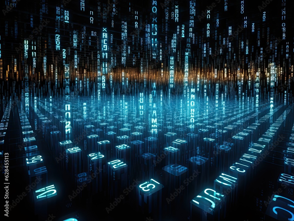 3D render of programming binary world, machine processes inside ...