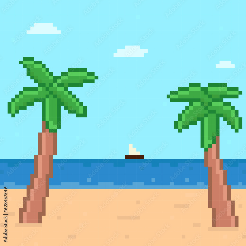 beach pixel art illustration, summer background, retro 80s 90s style ...