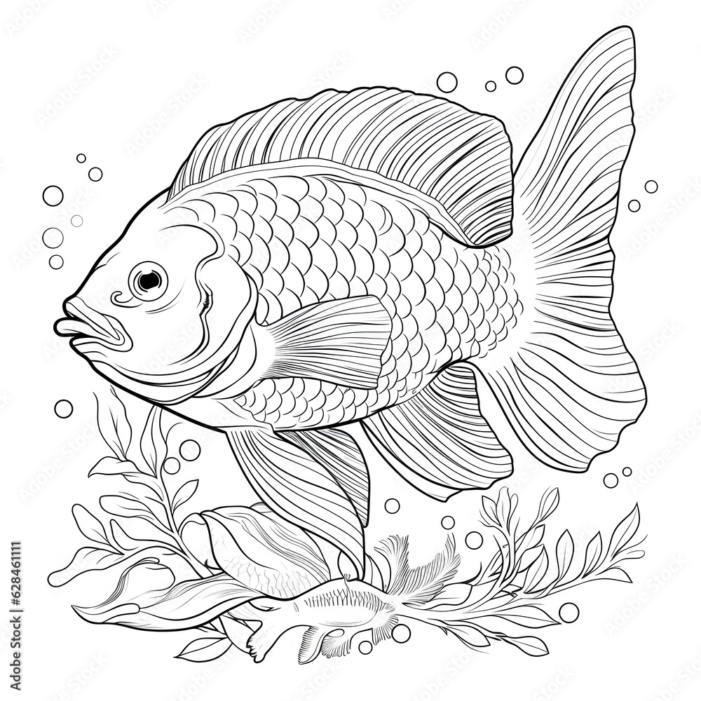 Coloring page for kids of fish, clean lines, no shadows isolated on ...
