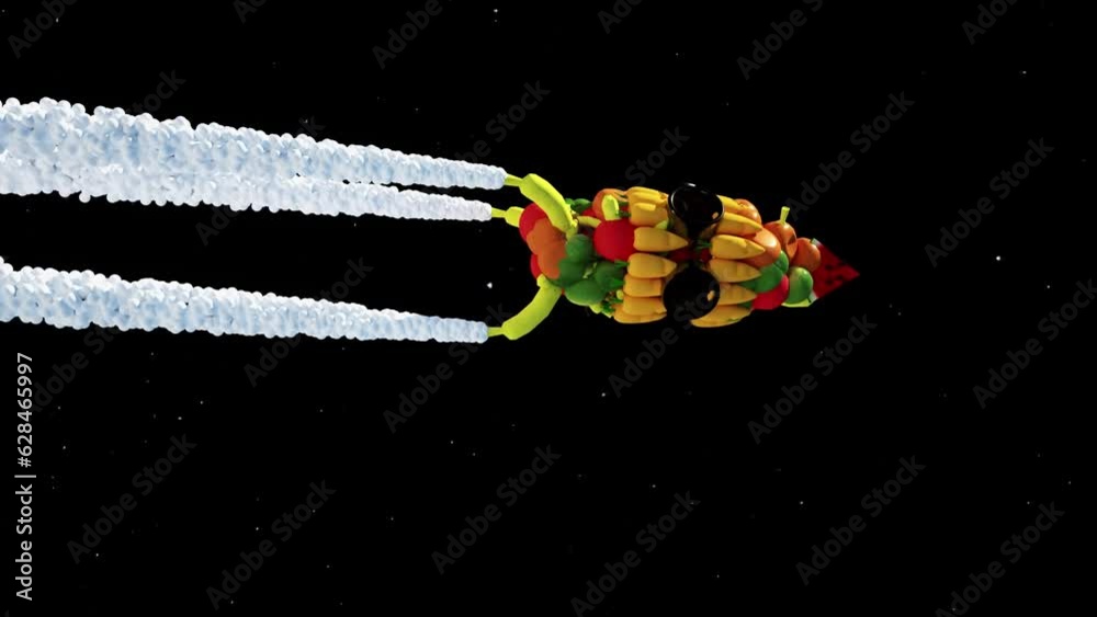 An animation of a rocket ship flying in space made out of fruits and ...