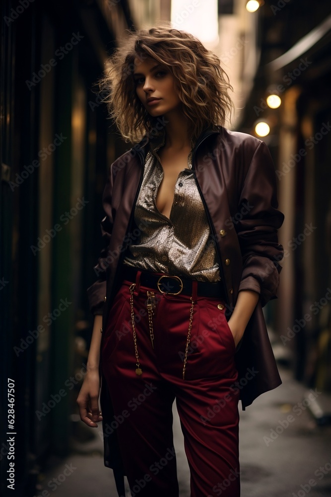 Beautiful woman model dressed in red fashionable clothes on an urban ...